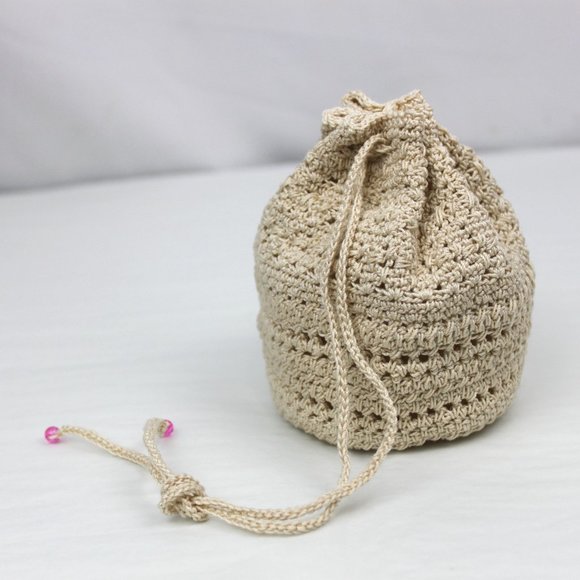 Hand Crafted | Bags | Cream Crocheted Short Top Round Drawstring Pouch ...